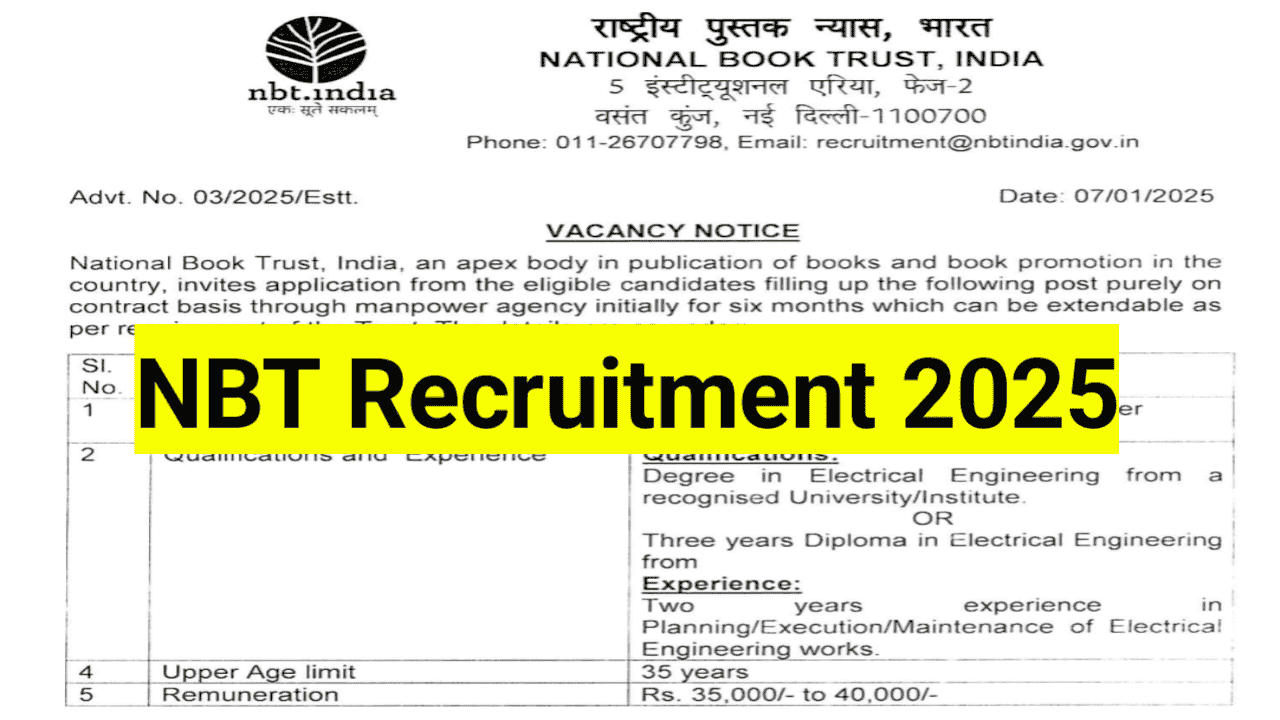 NBT Recruitment 2025 - Apply Now by 14 January